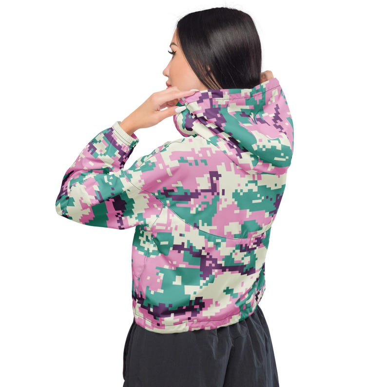 Pixelated Camo Pink Women’s Cropped Windbreaker Trendy Lightweight ...