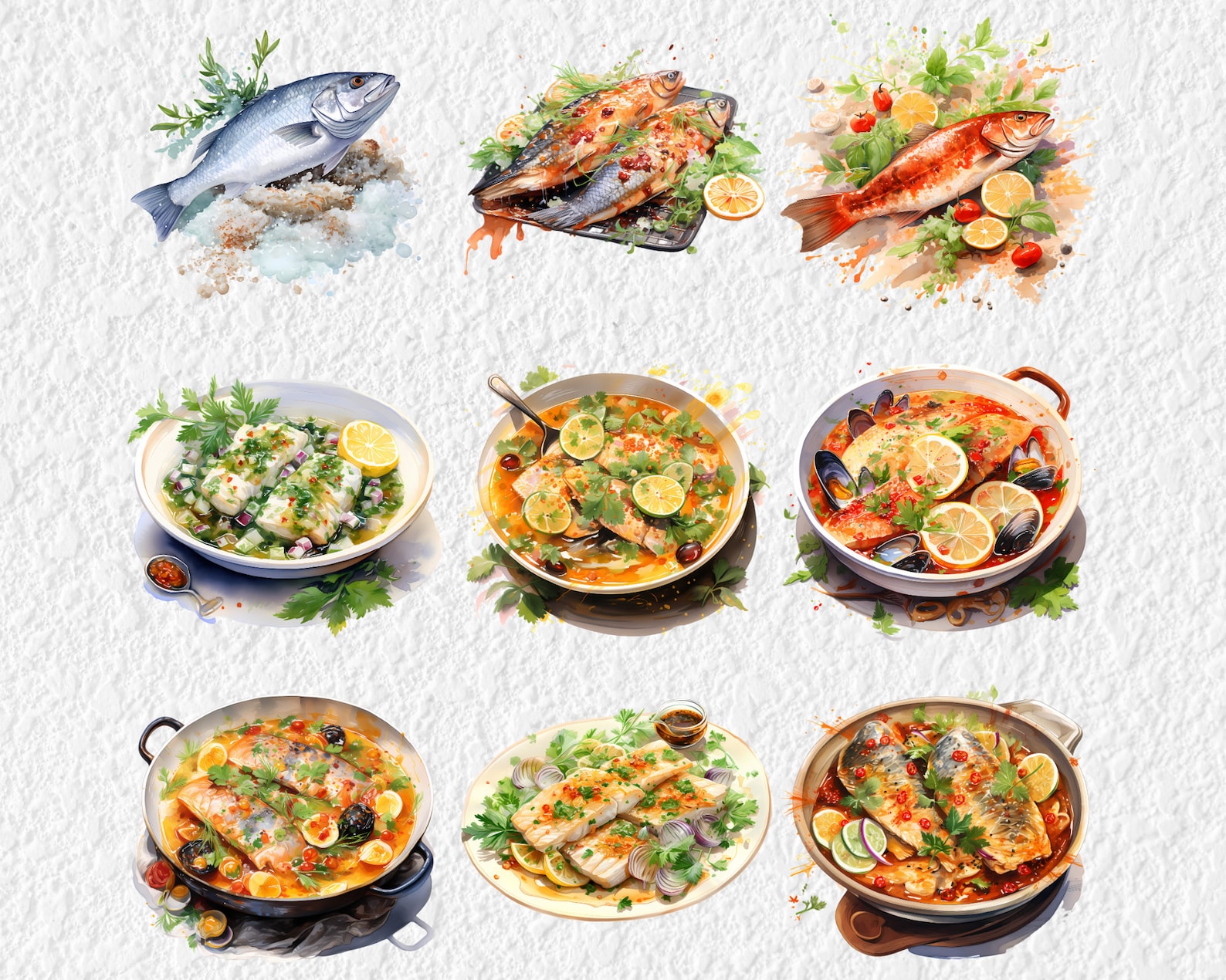20 PNG Fish Dishes Clipart Watercolor Fish Cuisine, Seafood Clipart ...