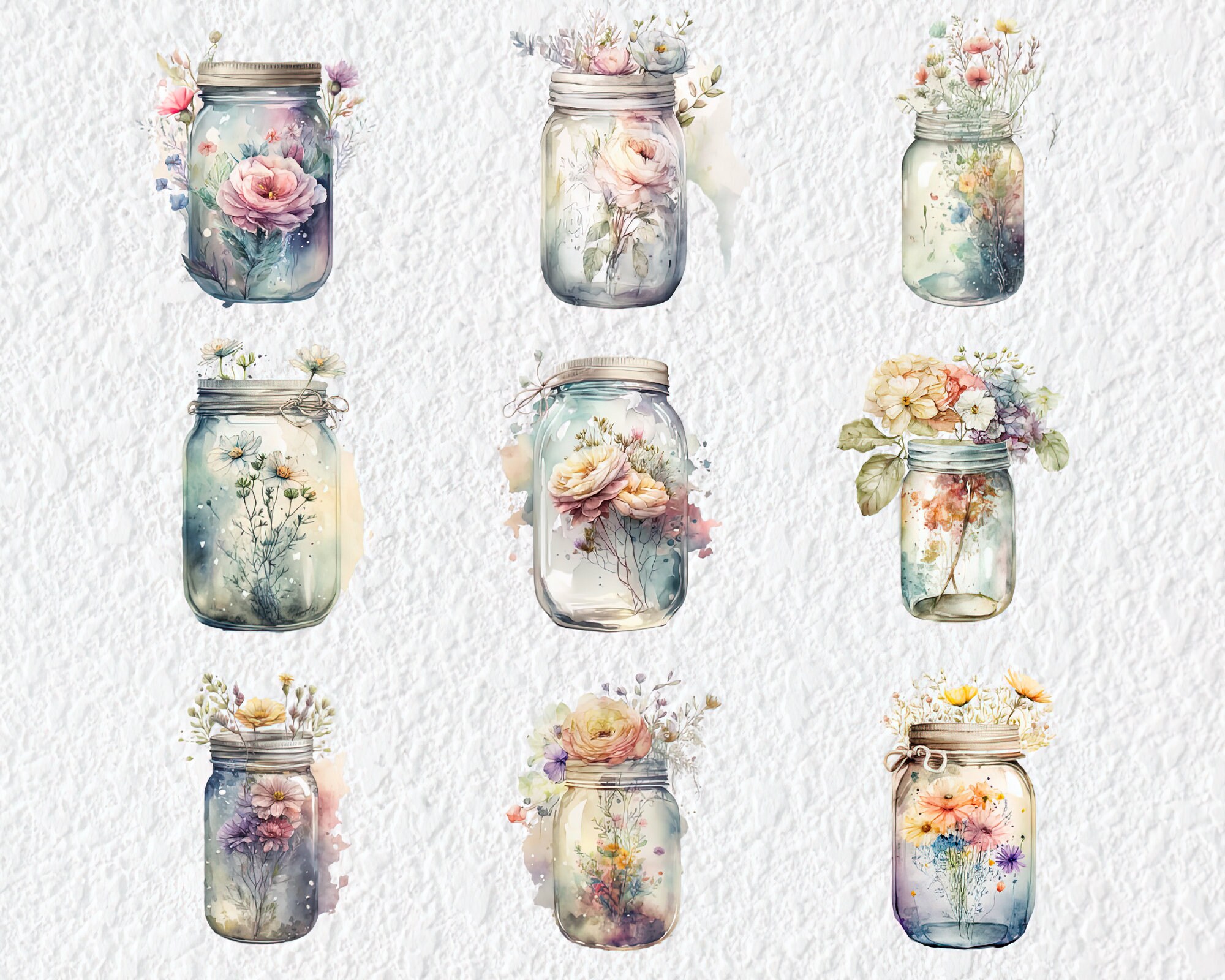 40 PNG Flower Mason Jar Clipart Watercolor Floral Jar Artwork, Digital ...