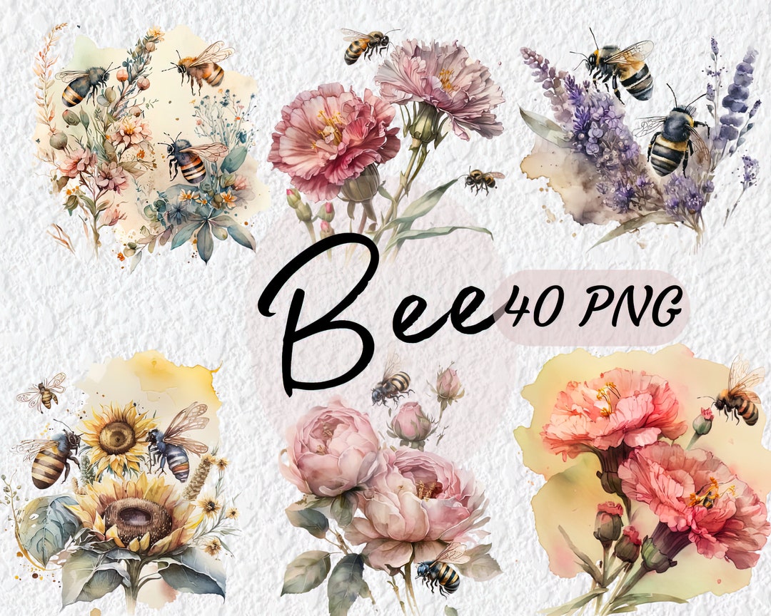40 PNG Honey Bees Watercolor Florals Clipart Frame Vintage Antique ...