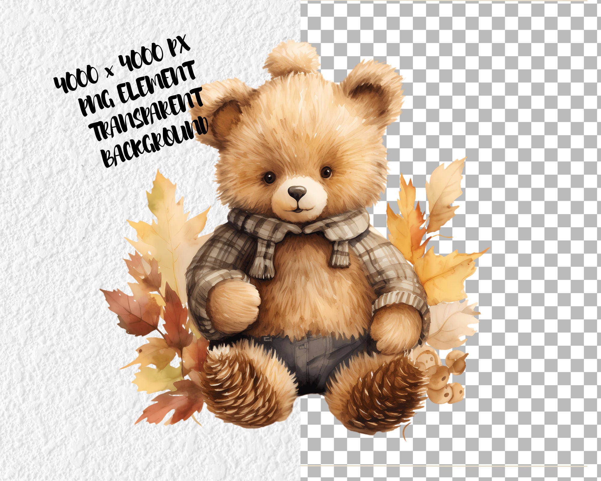 Autumn Teddy Bear Clipart, Watercolor Cute Teddy Bear, Fall-themed ...