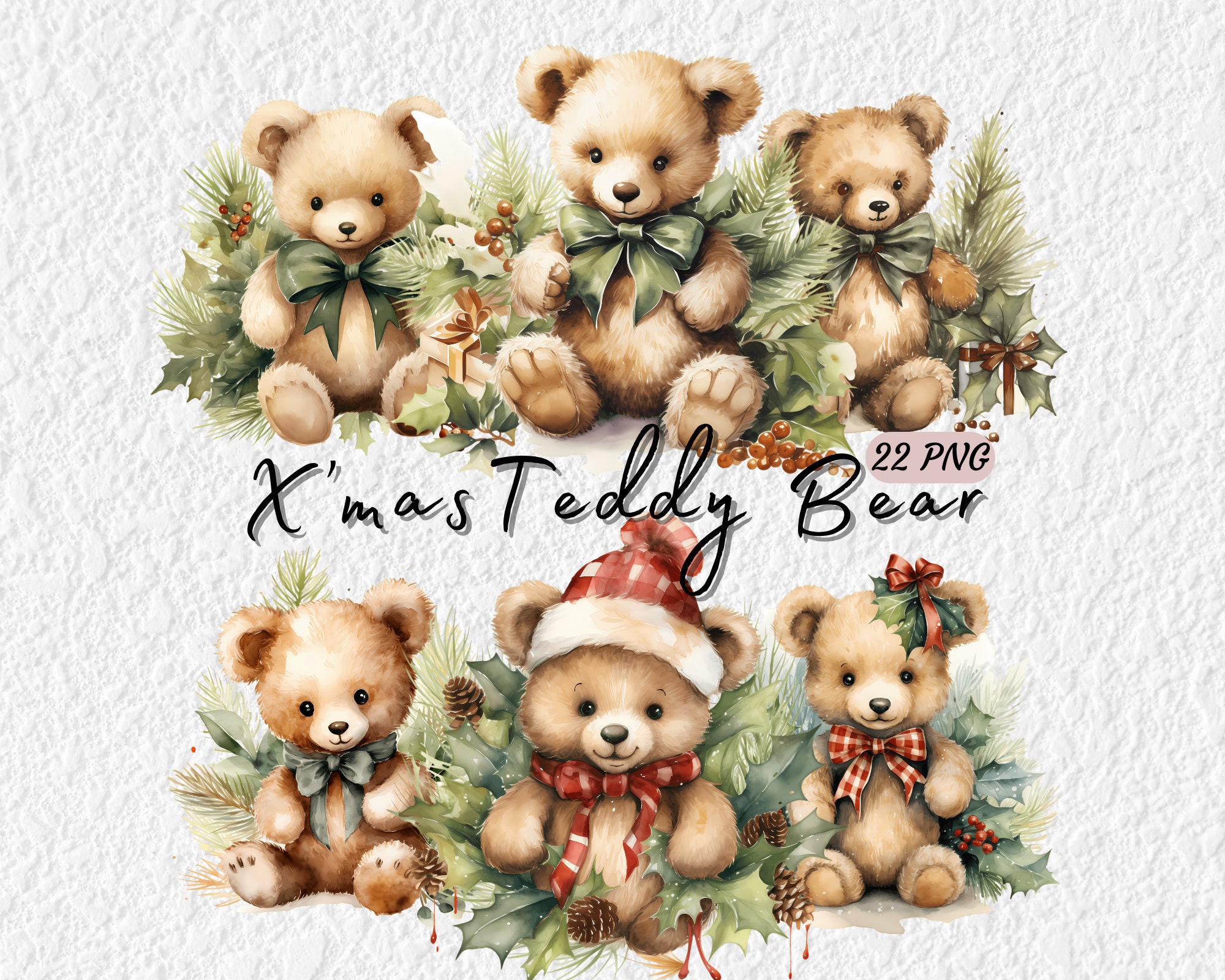 Christmas Teddy Bear Clipart, Watercolor Xmas Teddy Bear, Cute ...