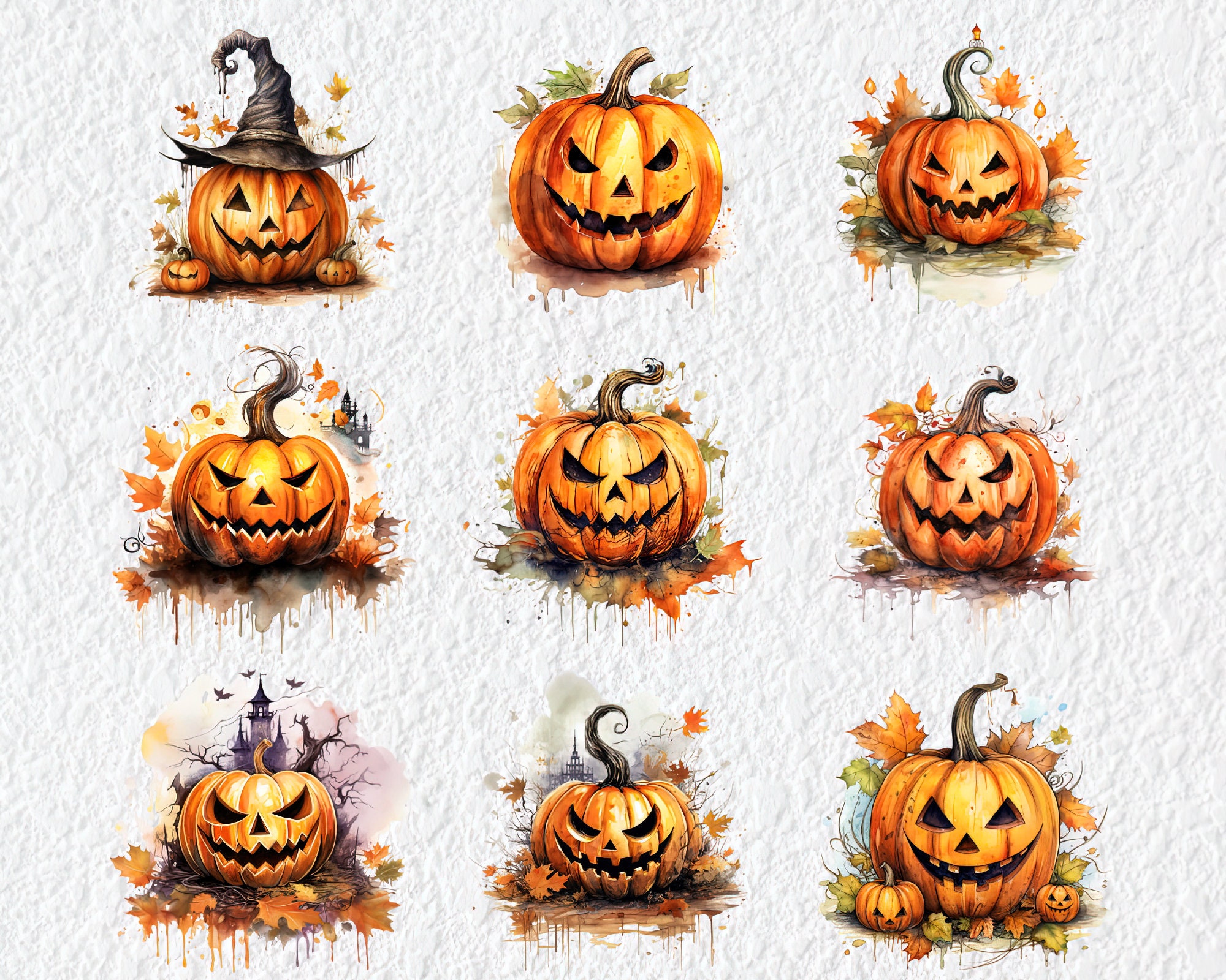 35 PNG Jack'o Lantern Watercolor Clipart Halloween Season Digital ...