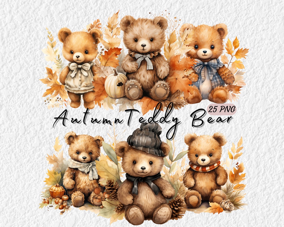 Autumn Teddy Bear Clipart, Watercolor Cute Teddy Bear, Fall-themed ...