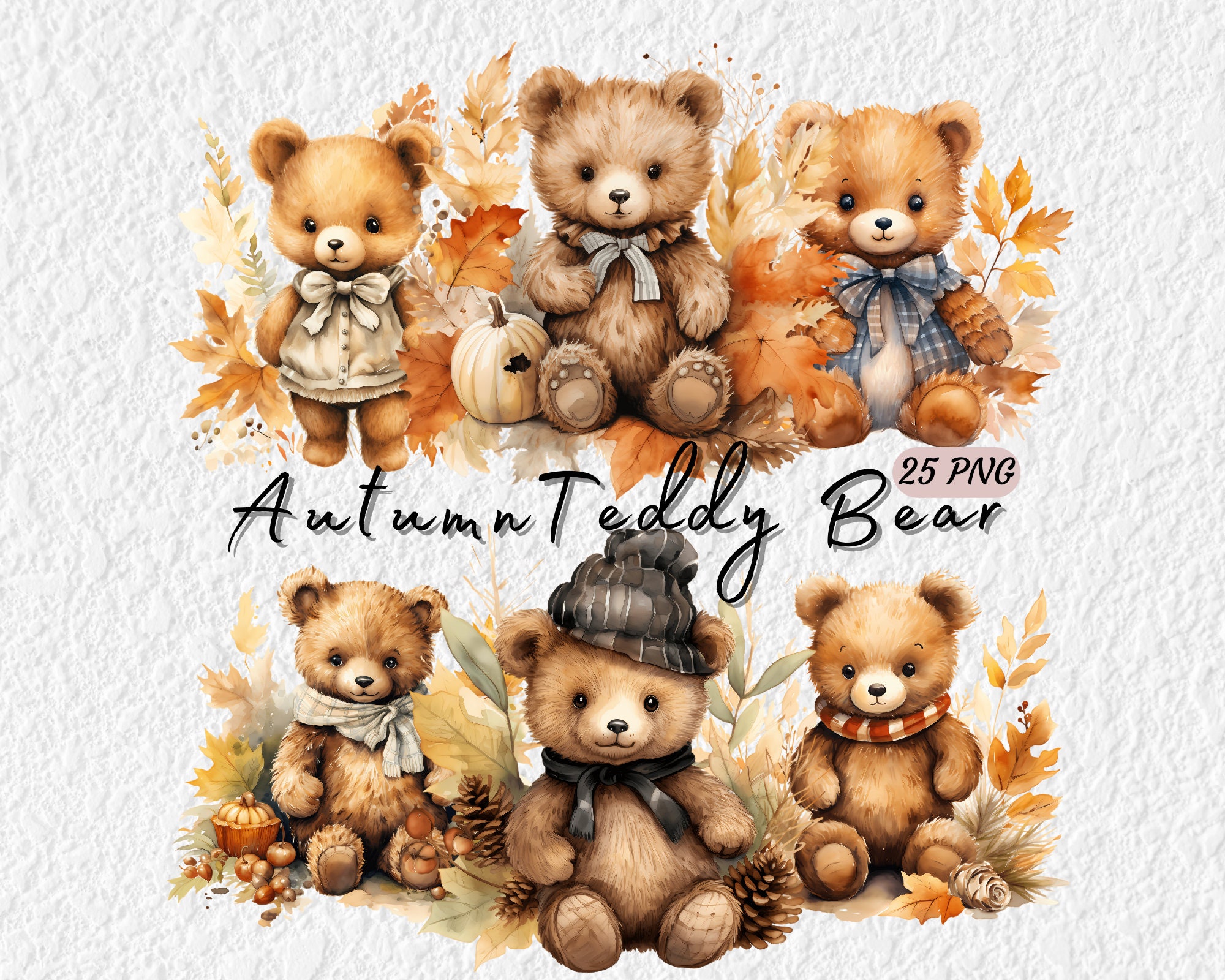 Autumn Teddy Bear Clipart, Watercolor Cute Teddy Bear, Fall-themed ...