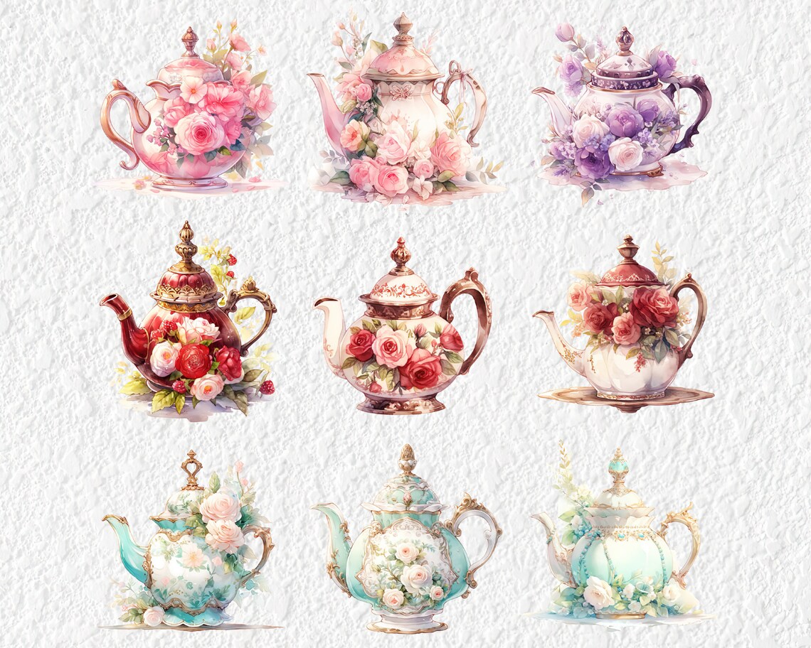 24 PNG Tea Pot Clipart Watercolor Tea Cup & Tea Pot Tea Party Digital ...