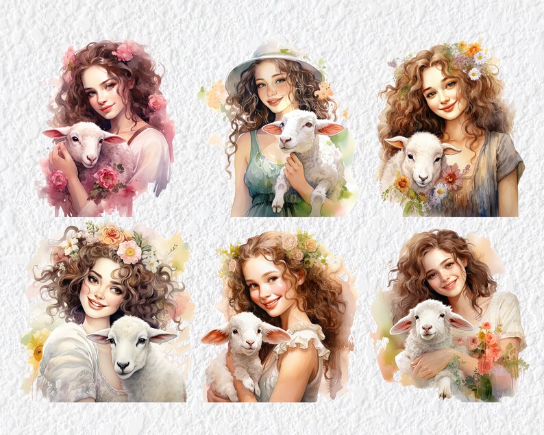 20 PNG Pretty Lady & Lamb Clipart Watercolor Cute Lamb - Etsy