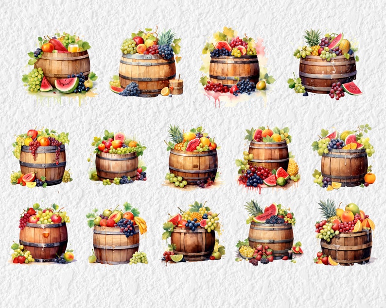 18 PNG Fruit Barrel Clipart, Watercolor Farm-fresh Fruit in Barrels ...