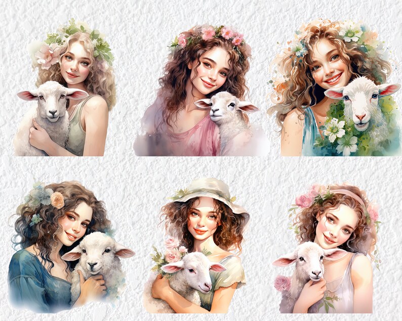 20 PNG Pretty Lady & Lamb Clipart Watercolor Cute Lamb - Etsy