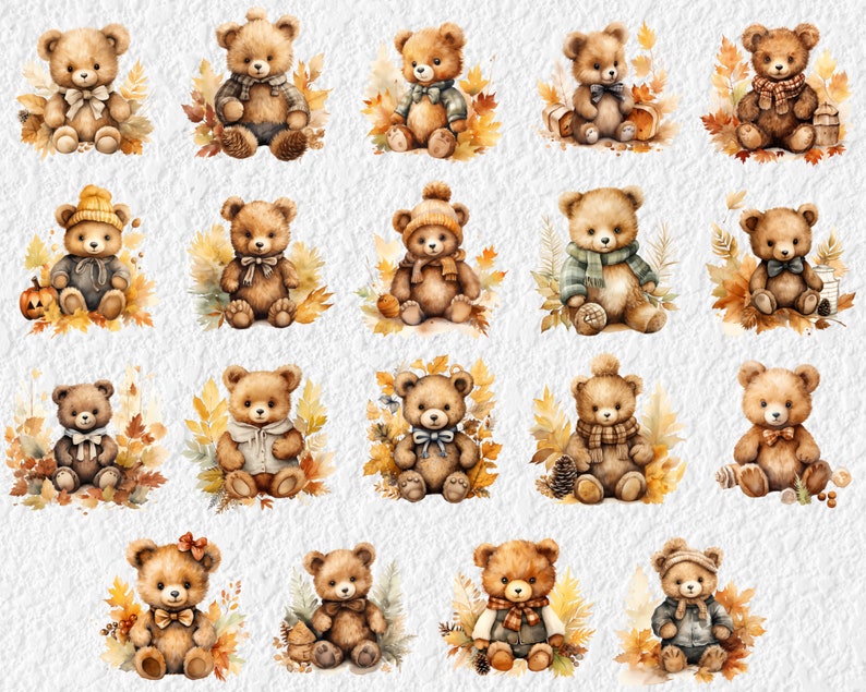 Autumn Teddy Bear Clipart, Watercolor Cute Teddy Bear, Fall-themed ...