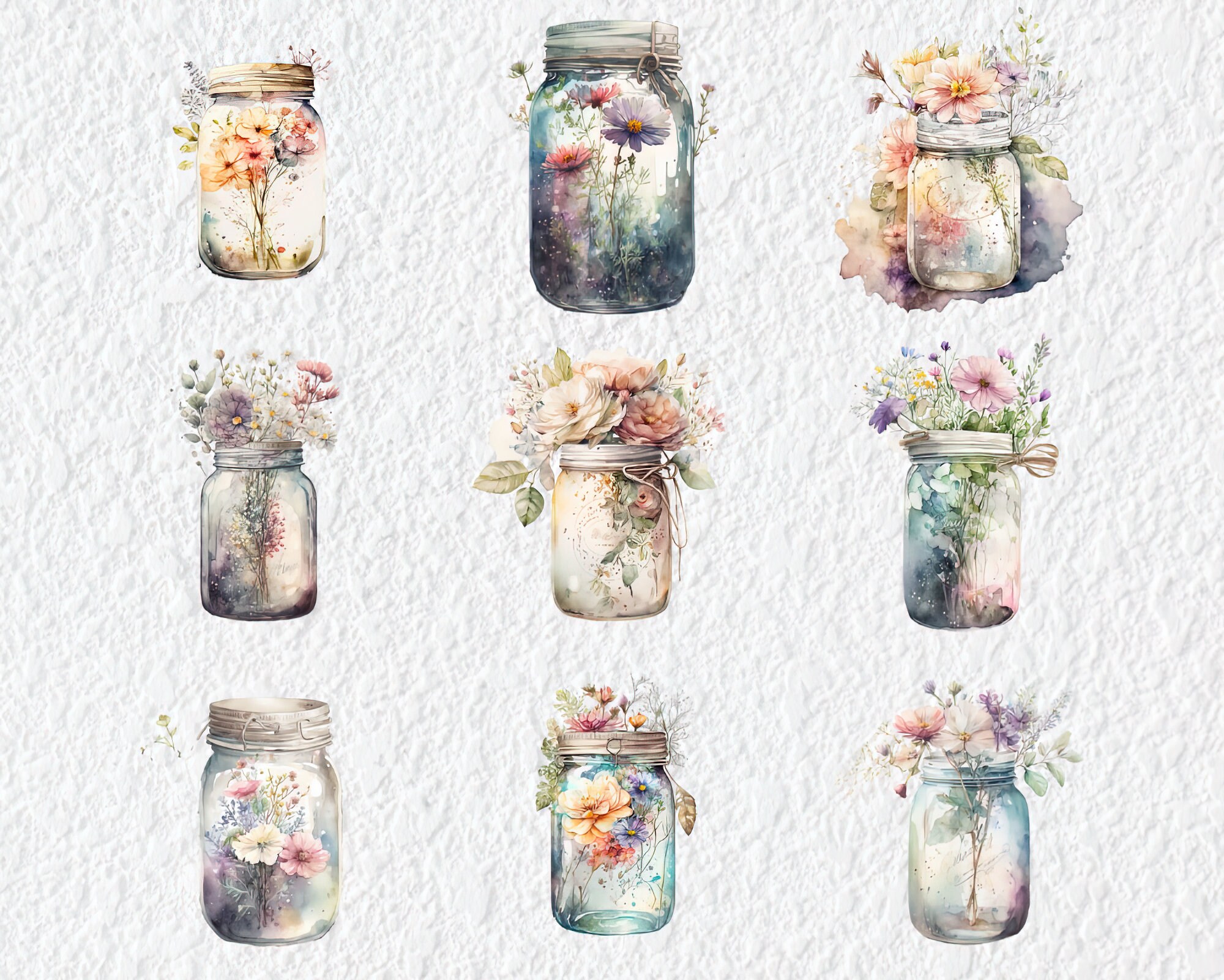40 PNG Flower Mason Jar Clipart Watercolor Floral Jar Artwork, Digital ...