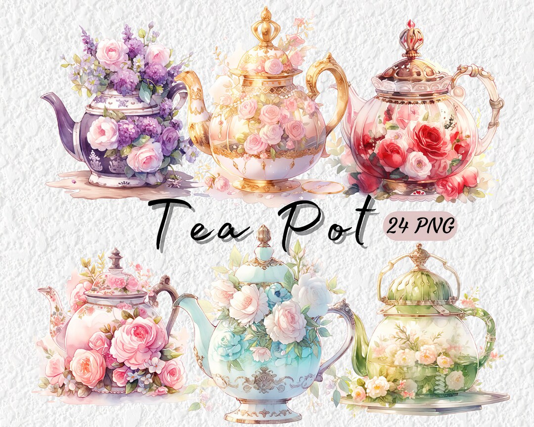 24 PNG Tea Pot Clipart Watercolor Tea Cup & Tea Pot Tea Party Digital ...