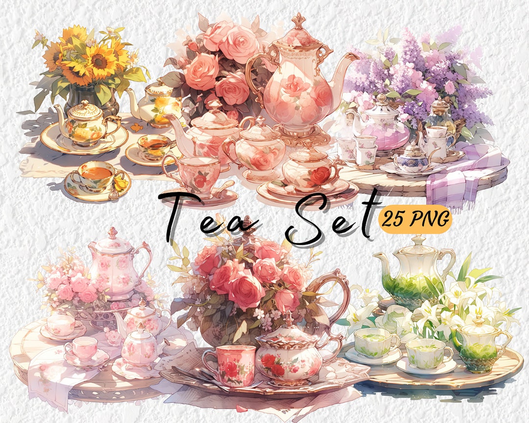 25 PNG Tea Set Clipart Watercolor Tea Cup & Tea Pot Tea Party Digital ...