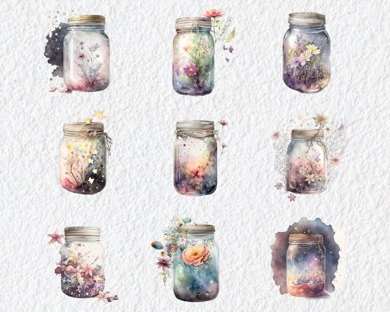 40 PNG Flower Mason Jar Clipart Watercolor Floral Jar Artwork, Digital ...
