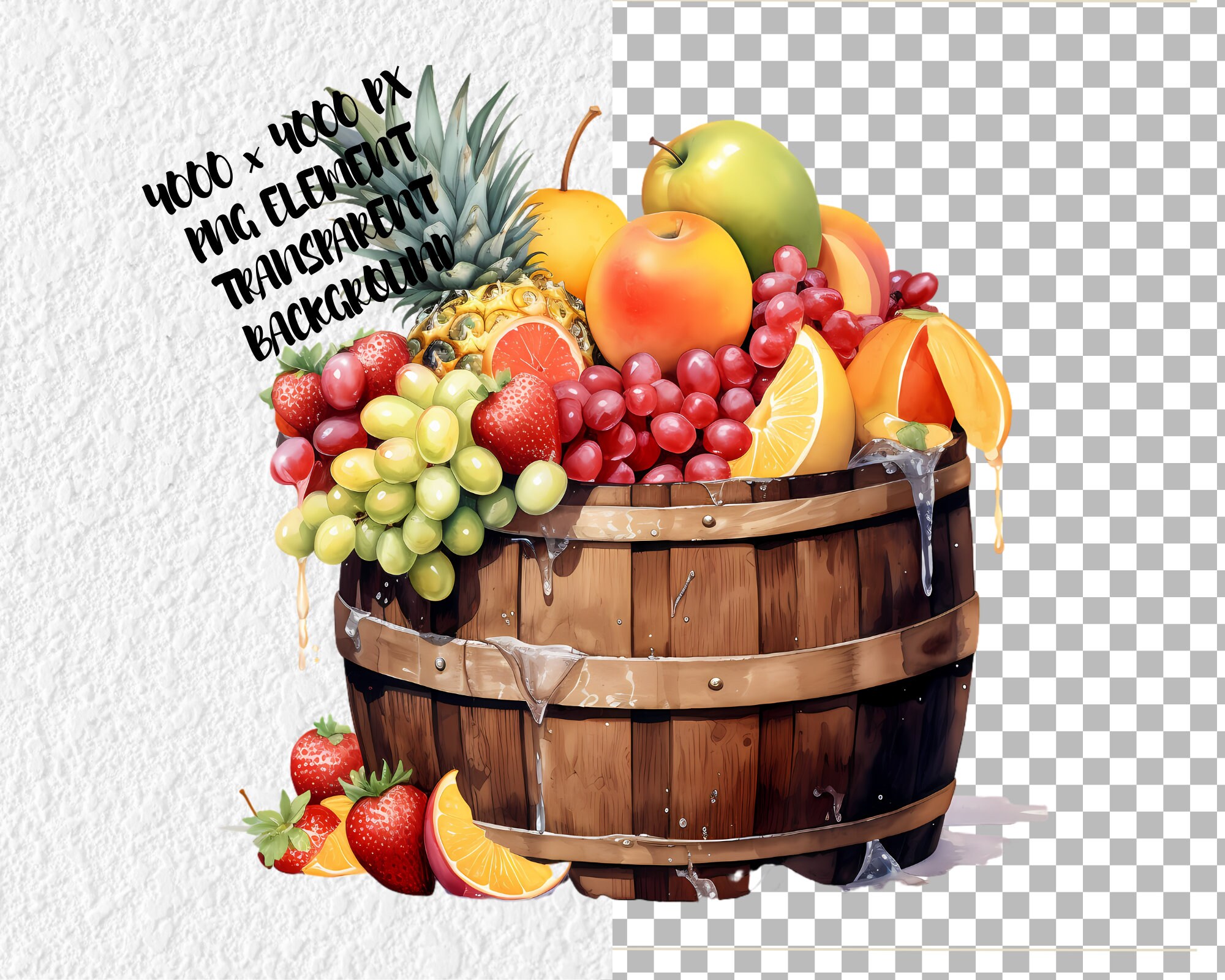 18 PNG Fruit Barrel Clipart, Watercolor Farm-fresh Fruit in Barrels ...