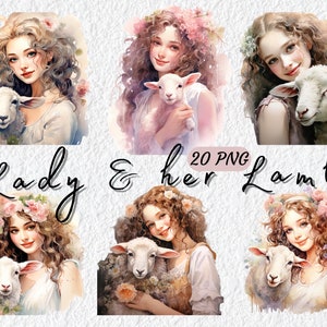 20 PNG Pretty Lady & Lamb Clipart Watercolor Cute Lamb Clipart, Digital ...