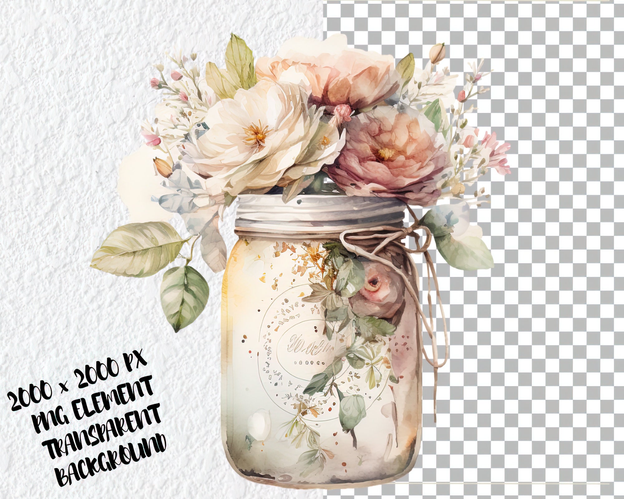 40 PNG Flower Mason Jar Clipart Watercolor Floral Jar Artwork, Digital ...