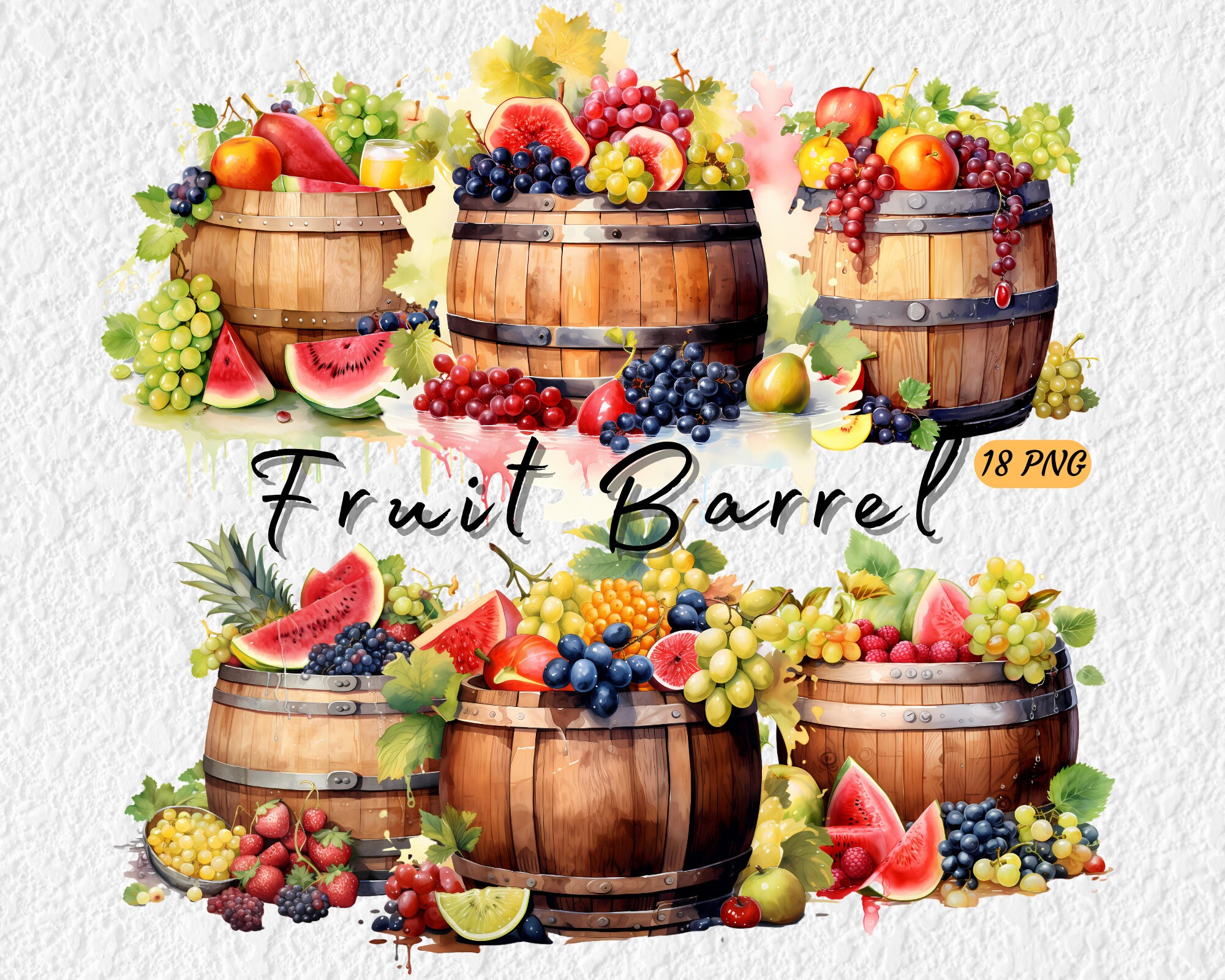 18 PNG Fruit Barrel Clipart, Watercolor Farm-fresh Fruit in Barrels ...