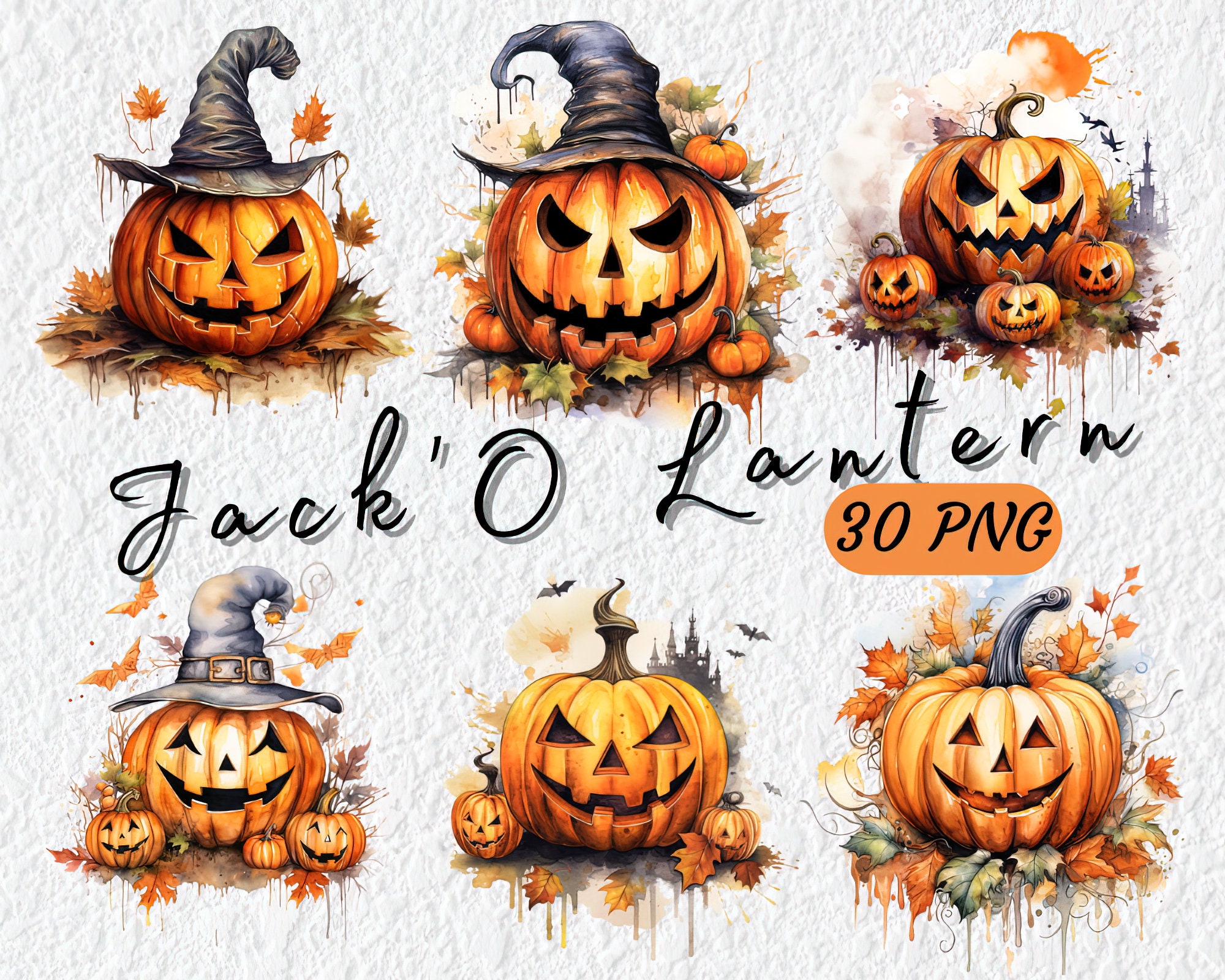 35 PNG Jack'o Lantern Watercolor Clipart Halloween Season Digital ...