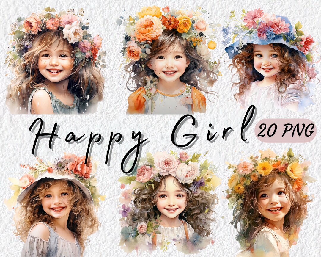 20 PNG Happy Girl Clipart Watercolor Floral Girl, Little Girl Clipart ...