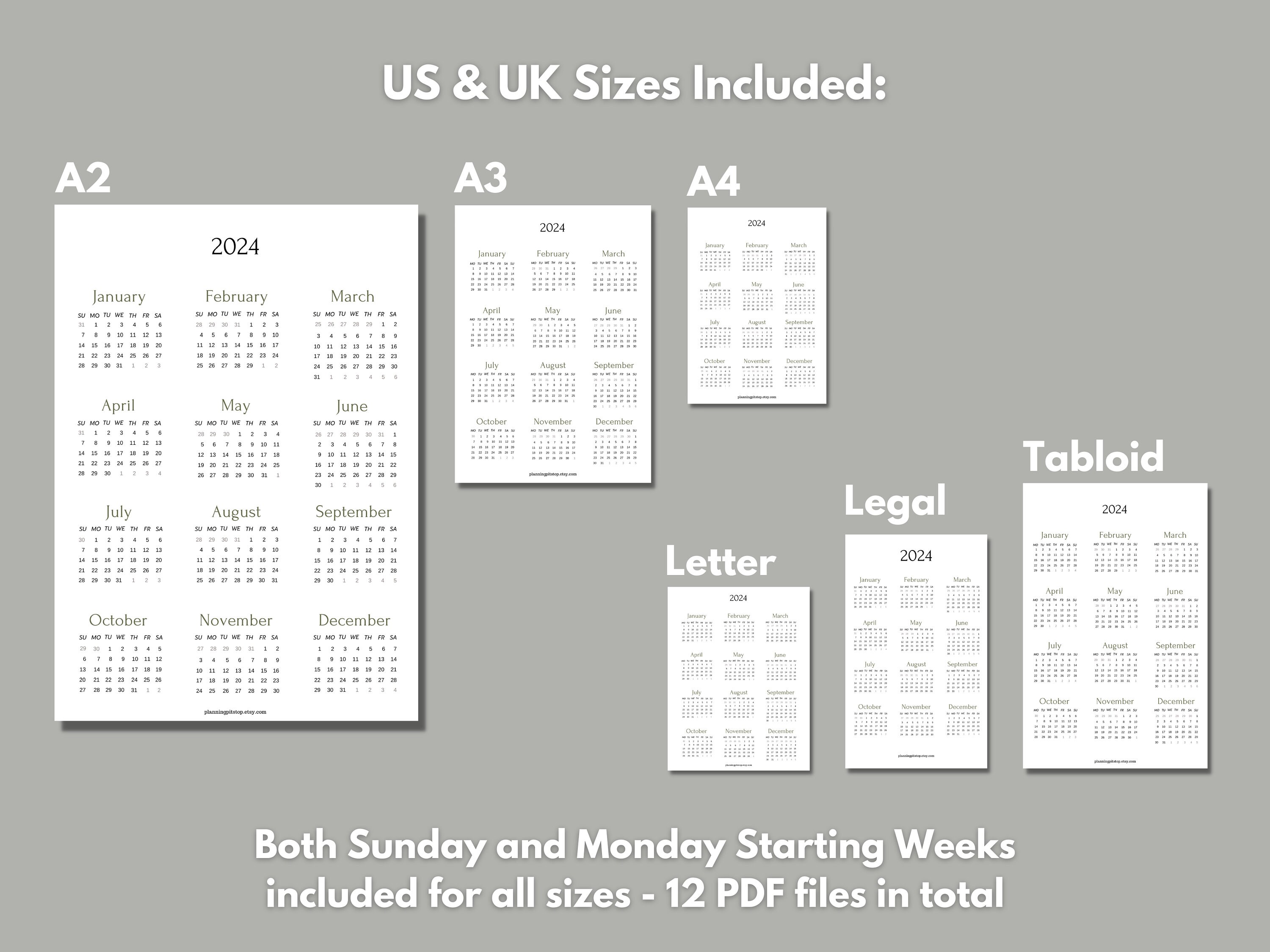 2024 Elegant Full Year Calendar Digital PDF Download Sunday - Etsy
