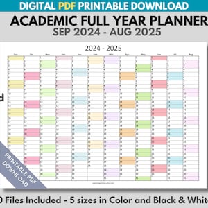 2024 to 2025 Academic Year Planner, Full Year Planner on One Page in US ...