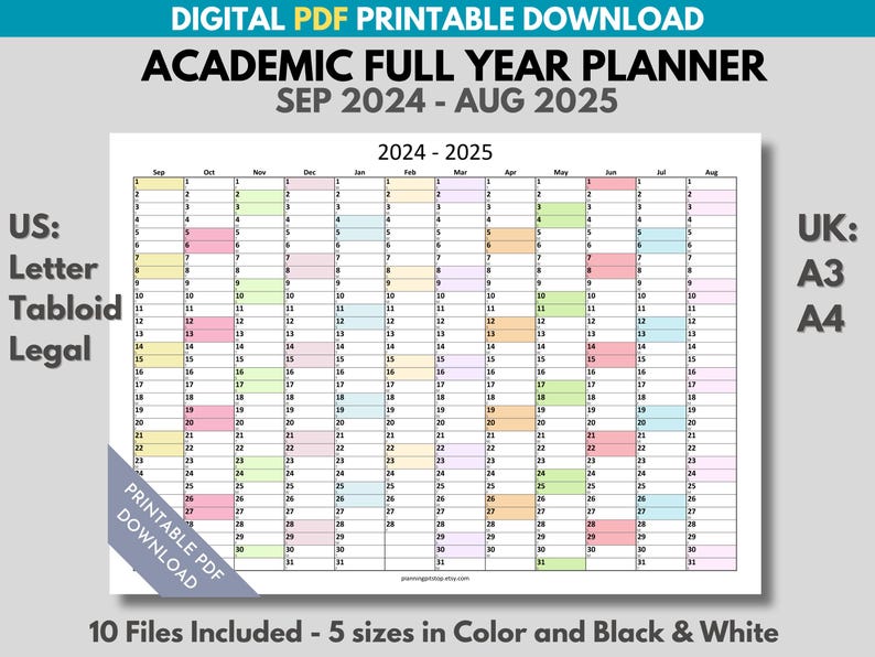 2024 to 2025 Academic Year Planner, Full Year Planner on One Page in US ...
