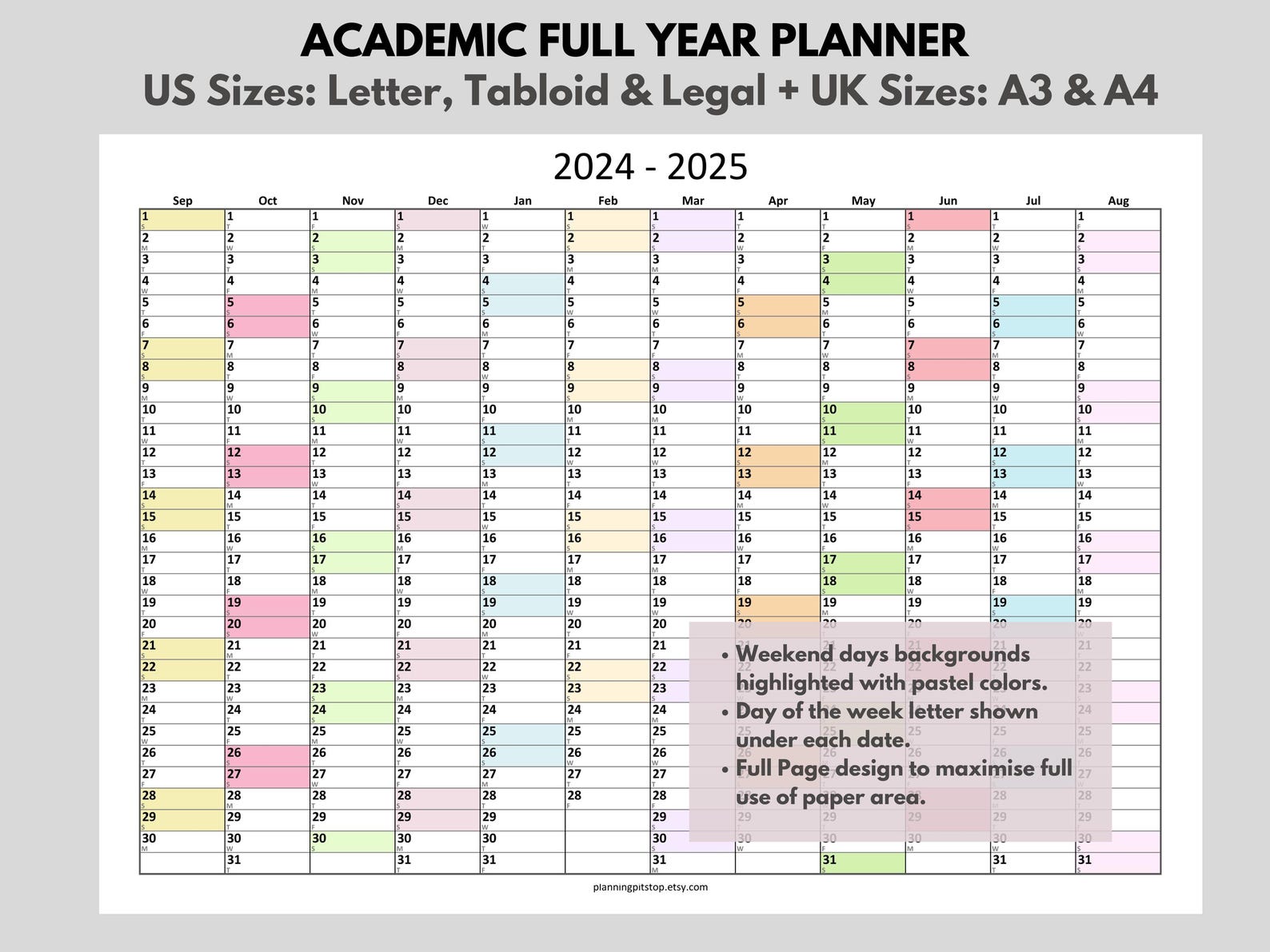 2024 to 2025 Academic Year Planner, Full Year Planner on One Page in US ...