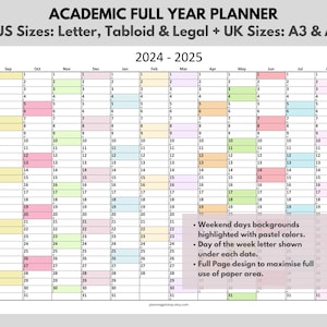 2024 to 2025 Academic Year Planner, Full Year Planner on One Page in US ...