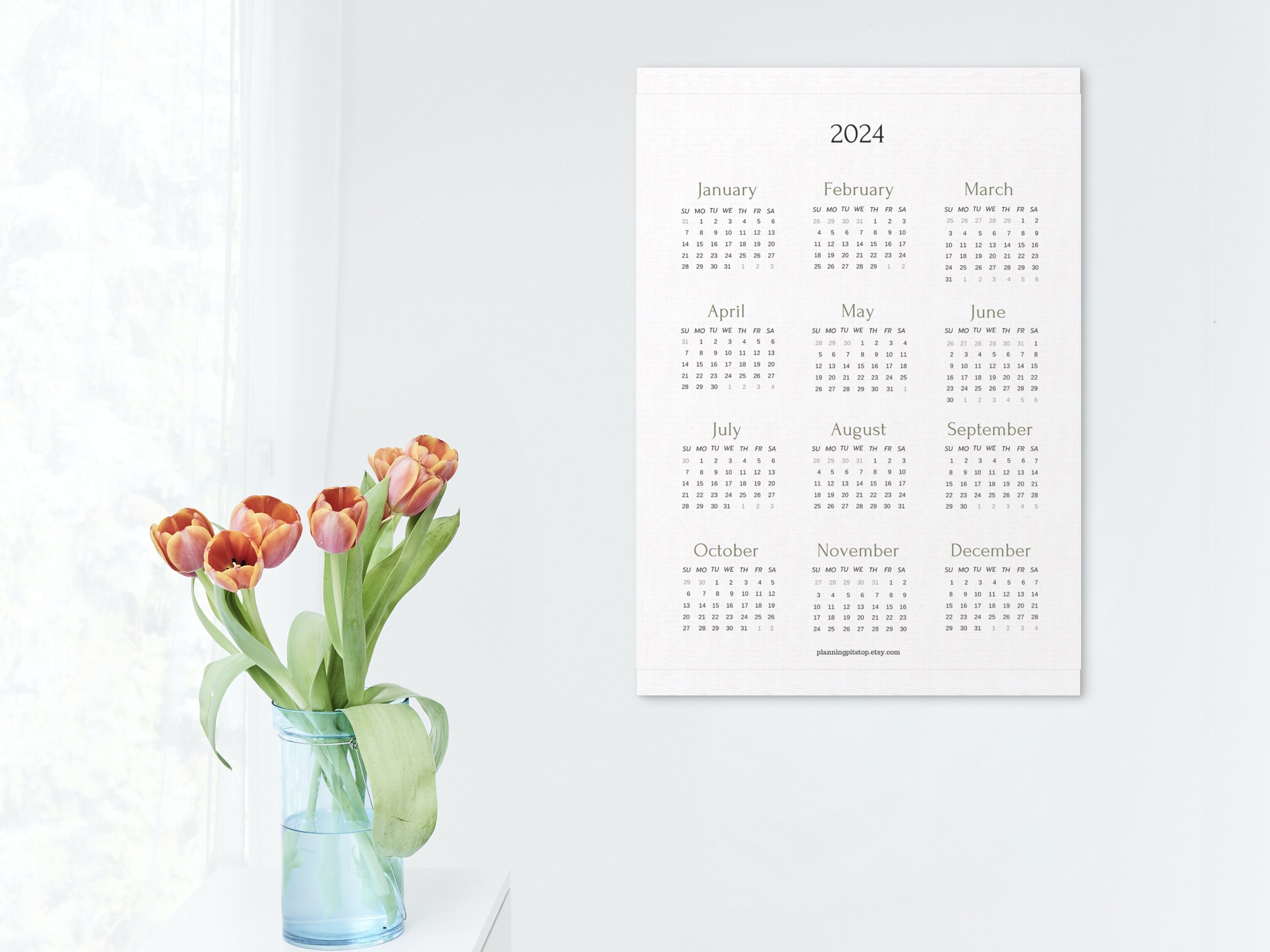 2024 Elegant Full Year Calendar Digital PDF Download Sunday - Etsy