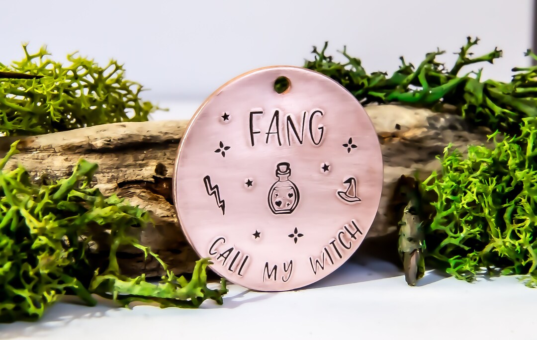 Halloween Dog Tag, Metal Pet ID Tag, Lightning Bolt Tag, Witch Dog Tag ...