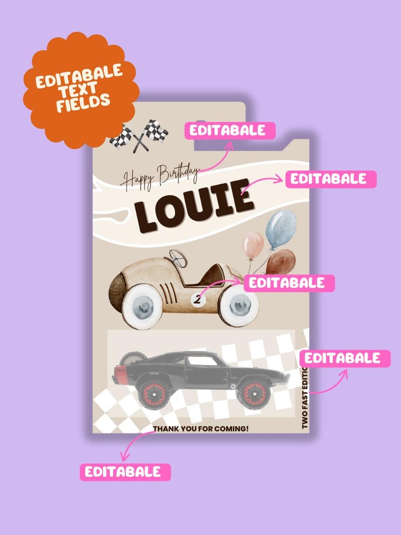 Editable Car Favor Tags: Toy Car Birthday Thank You (canva Template ...