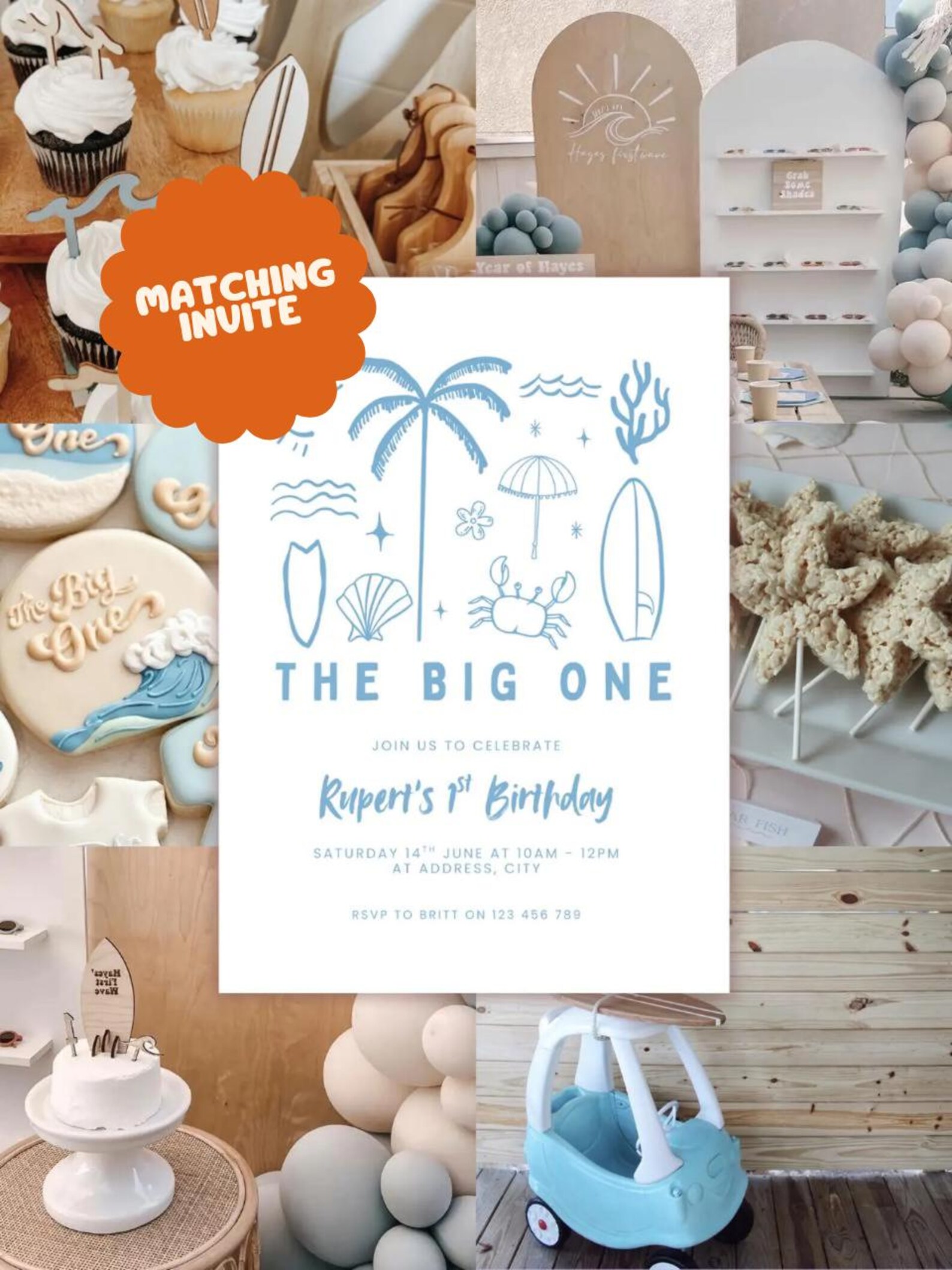 Blue Beach Birthday Welcome Sign - Editable Canva Template | Coastal ...