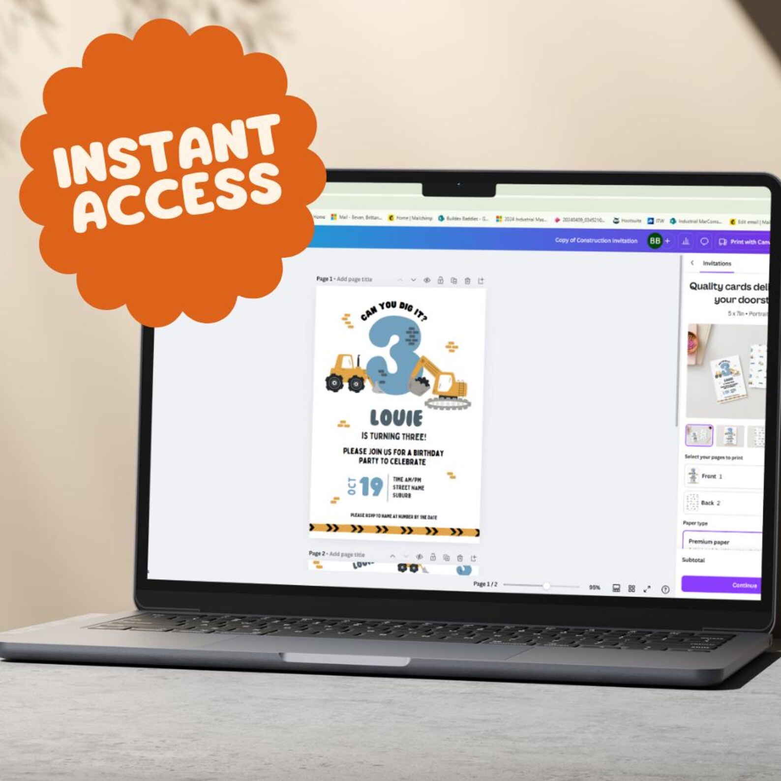 Construction Birthday Invitation | Digger Invitation Template - Etsy