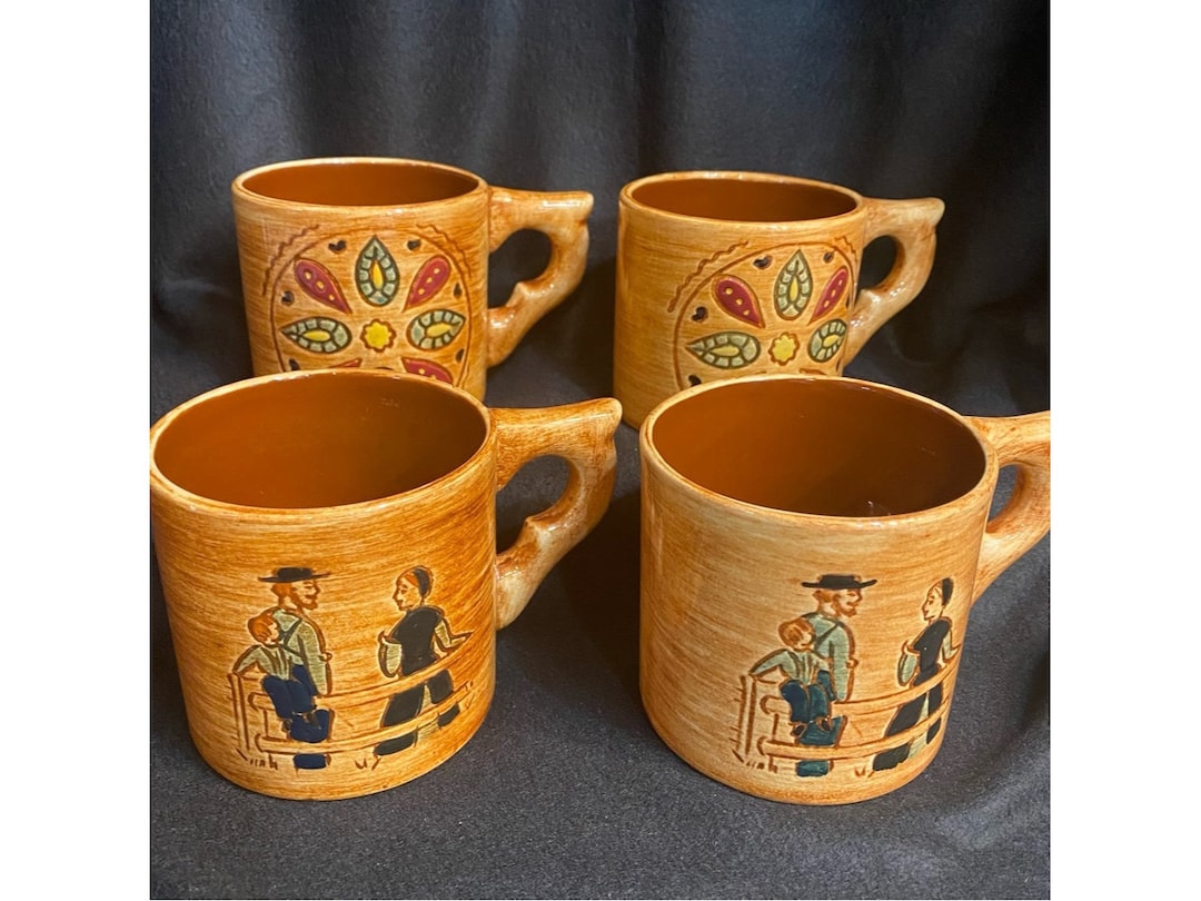 Pennsbury Pottery Vintage Amish Folk Art Glazed Coffee Mugs - Set of 4 ...