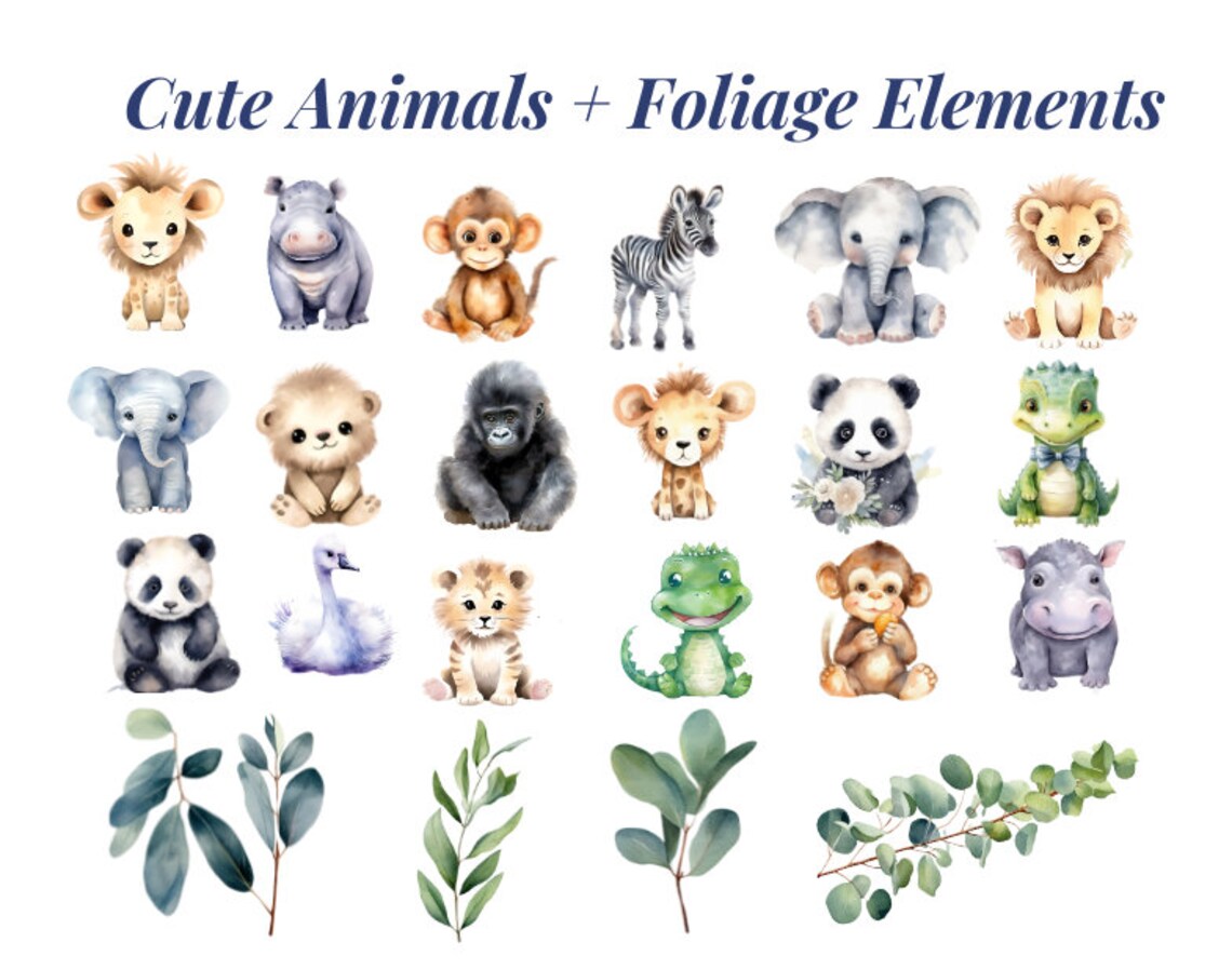 Cute Safari Animals Clipart Watercolor, Clipart for Commercial Use ...