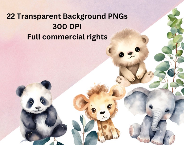 Cute Safari Animals Clipart Watercolor, Clipart for Commercial Use ...