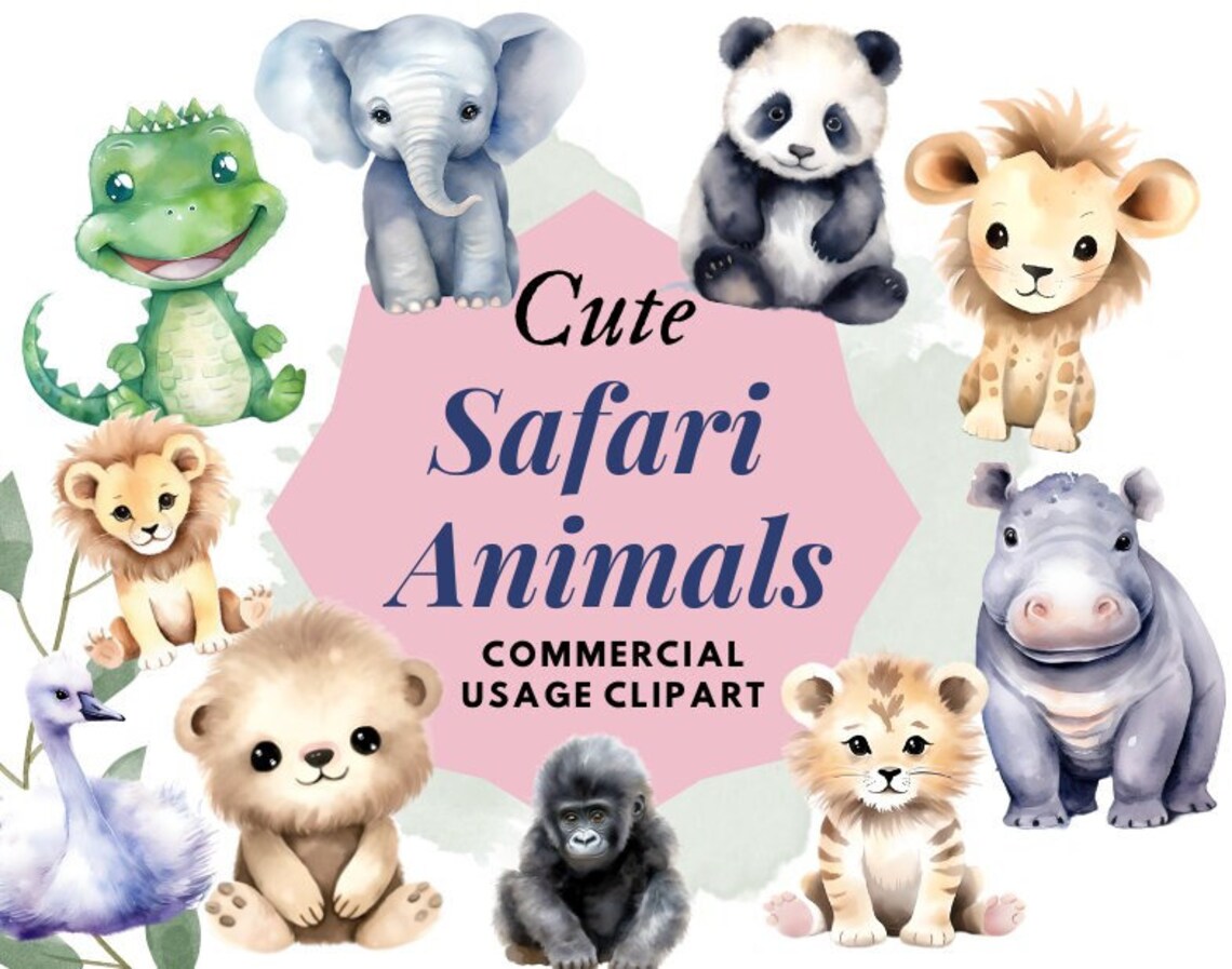 Cute Safari Animals Clipart Watercolor, Clipart for Commercial Use ...