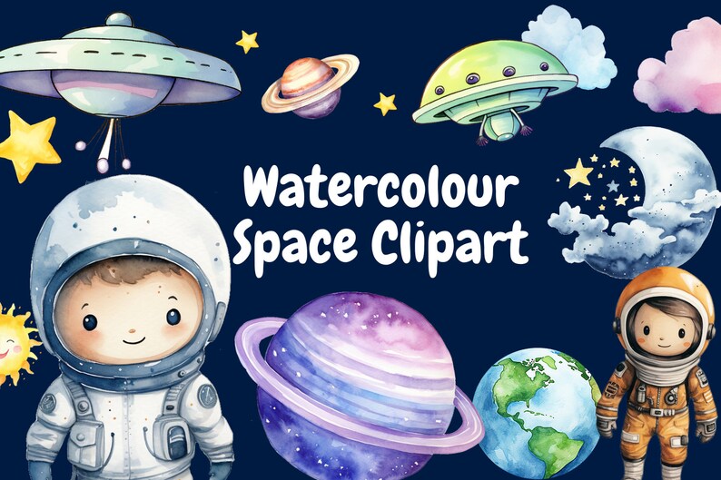 Astronaut and Space Watercolor Clipart, Space Digital Print, Instant ...