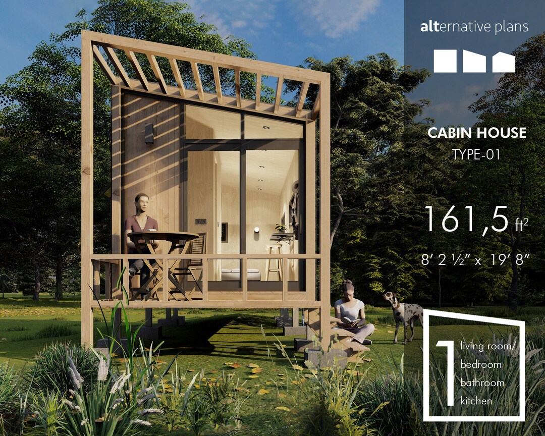 Modern Cabin House Drawings, 8x19 Log Tiny House DIY Plans ...