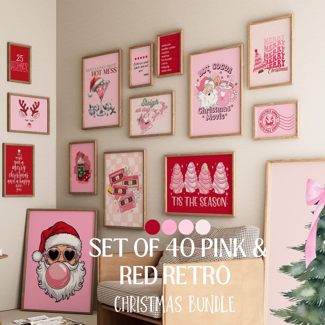 Retro Pink Christmas Bundle Prints, Set of 40 Girly Holiday Wall Art ...