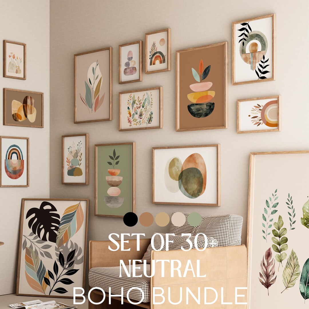 Boho Wall Art Bundle Gallery Wall Set Neutral Boho Prints Monstera Leaf ...