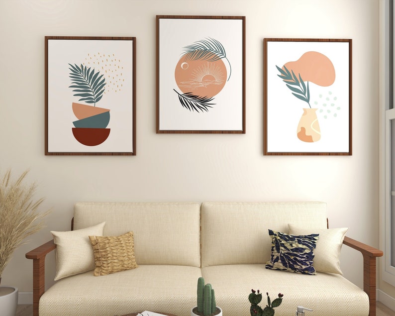 Printable Boho Leaf Wall Art 3 Piece Abstract Plant Print Wall Art Set ...
