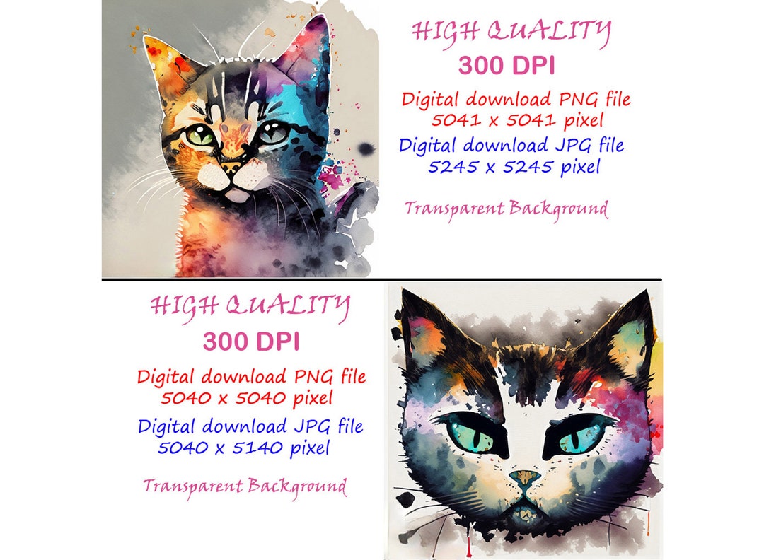 Cat, Cat Print, 300 Dpi, Cute Colorful Watercolor Cat, Cups, T-shirt ...