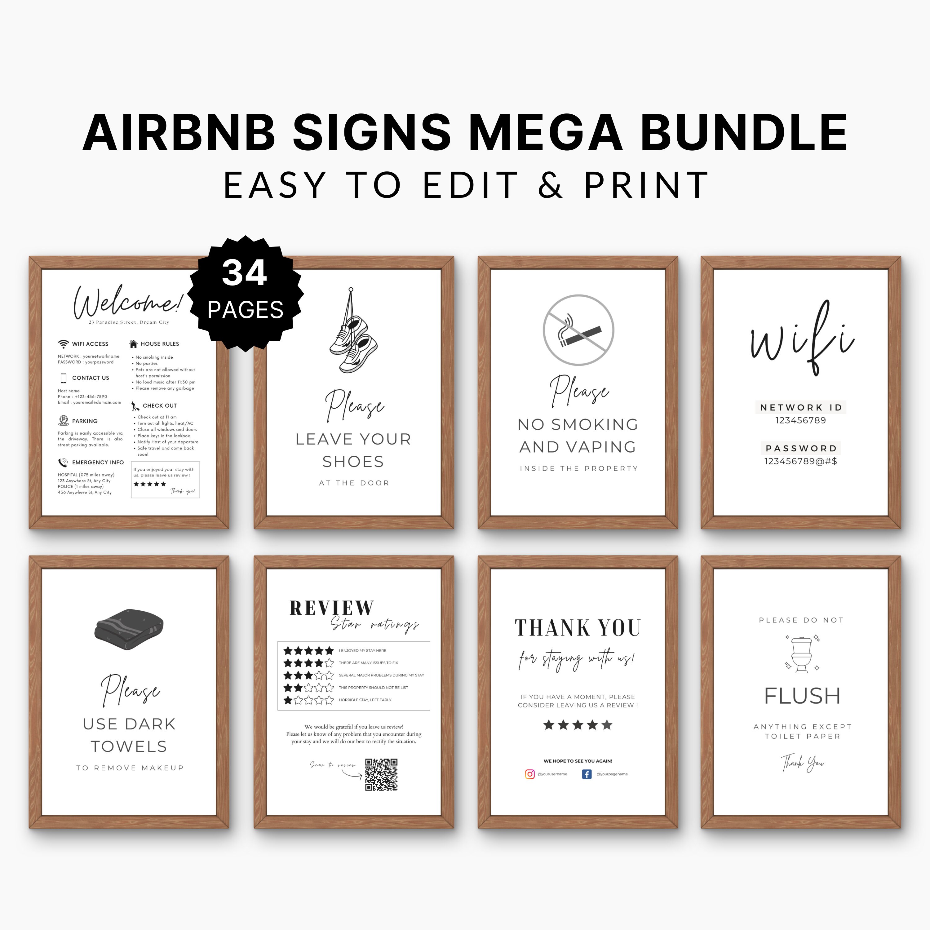 Airbnb Sign Bundle Template, Airbnb Signage, Vacation Rental, Wifi Sign ...