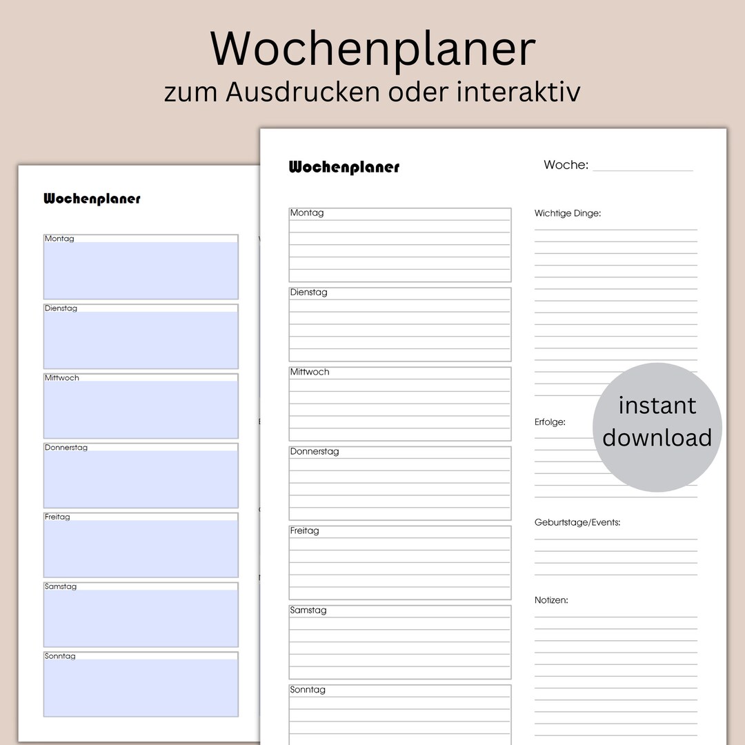 German Printable Weekly Planner Interactive Planner Print Planner Days ...