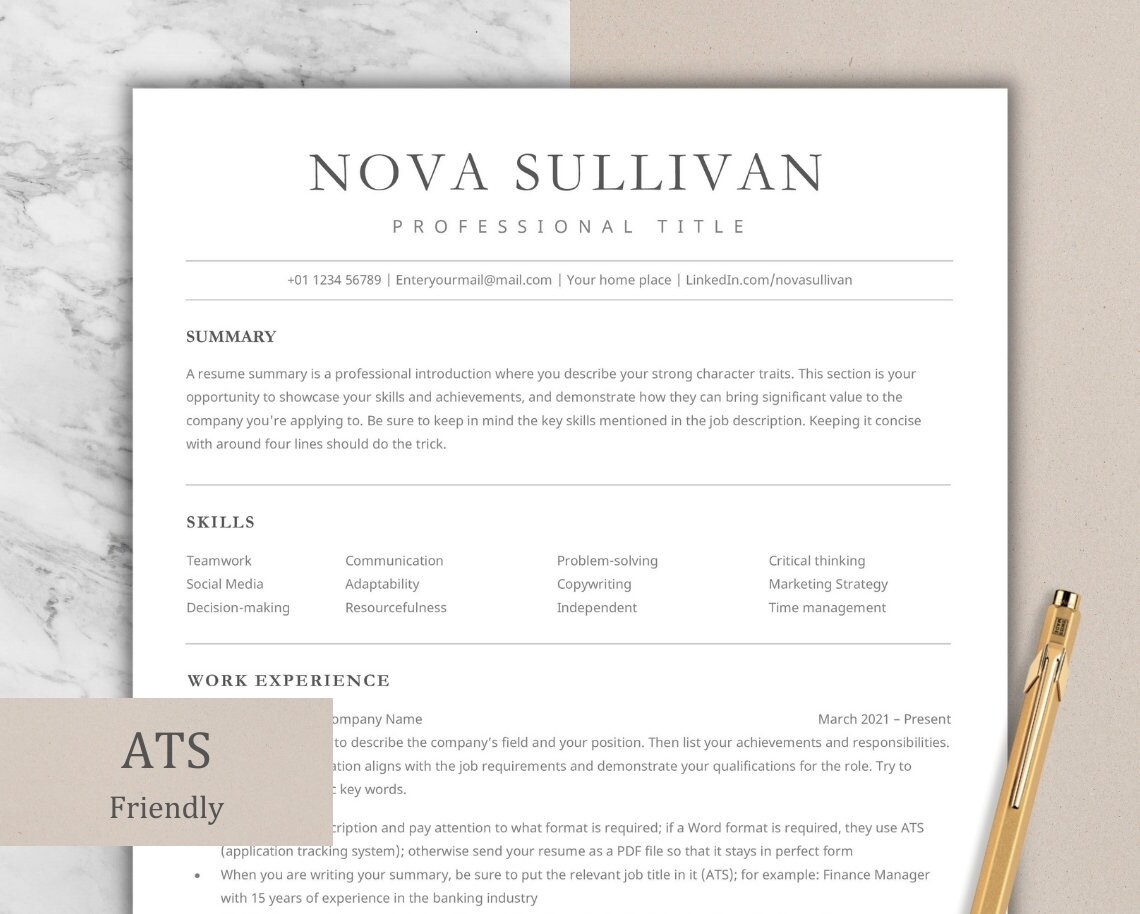 ATS Resume, ATS Friendly Resume Template Word, Google Docs, ATS Resume ...