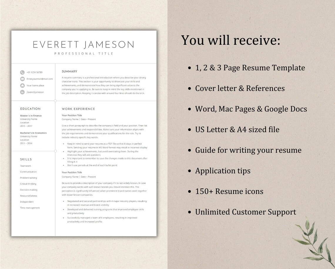 Professional Resume, Resume Template Word, Resume Google Docs, Apple ...