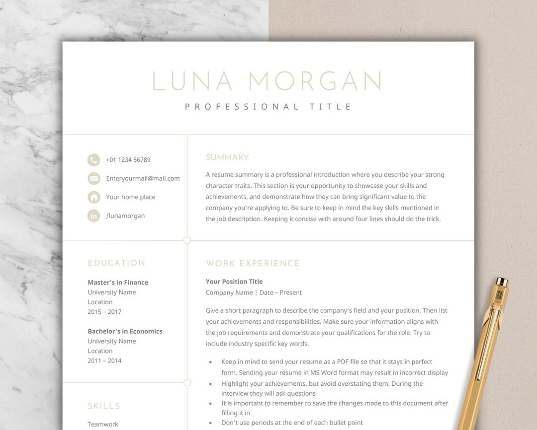 Professional Resume, Resume Template Word, Resume Google Docs, CV ...