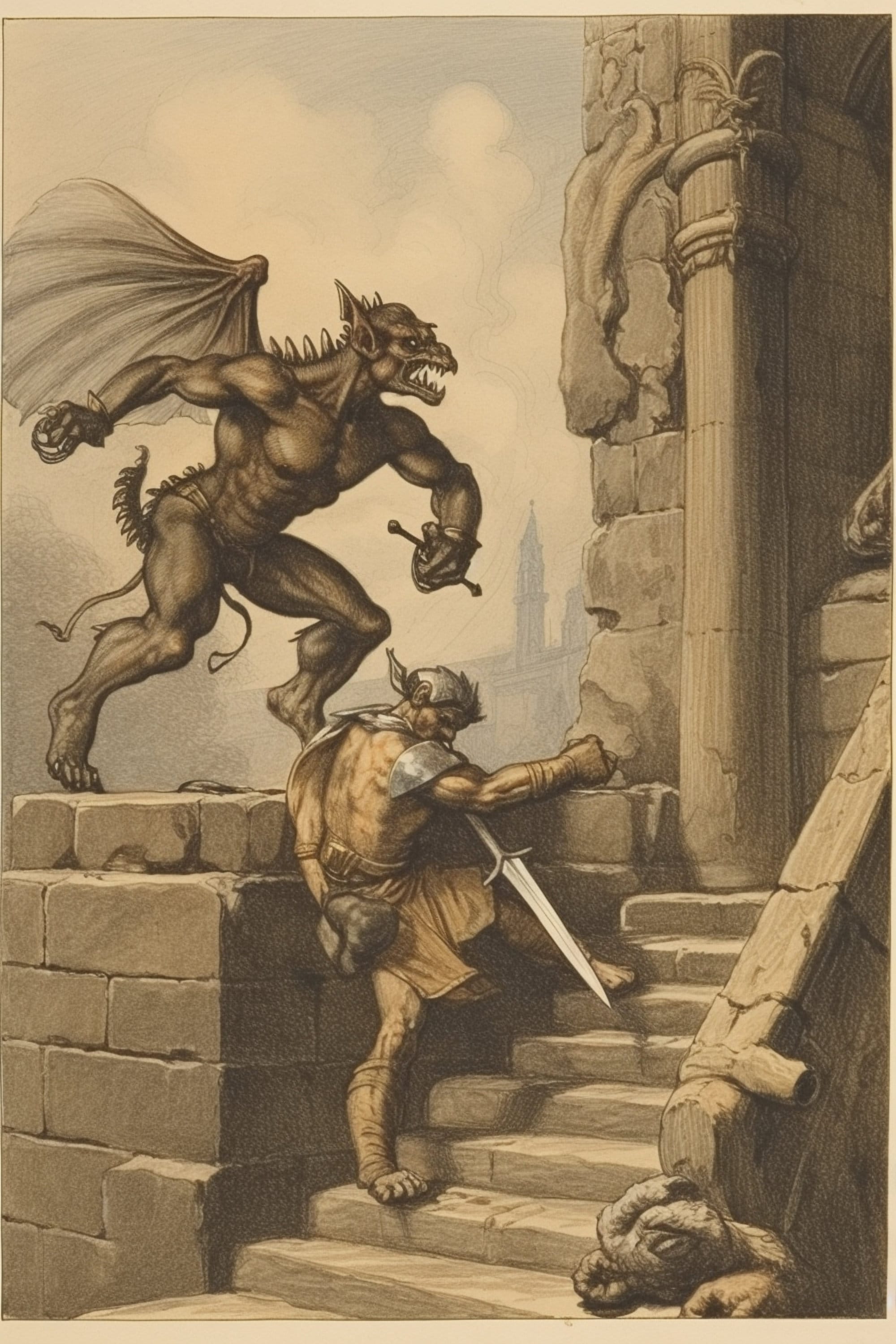 Epic Gargoyle Battle: Vintage Painting of a Fierce Fight Between a ...